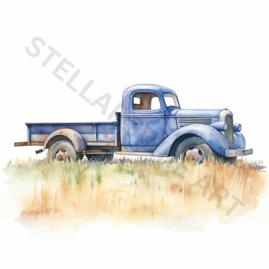 Watercolor Old Blue Farm Truck Clipart - 8 High Quality Pngs - Digital ...
