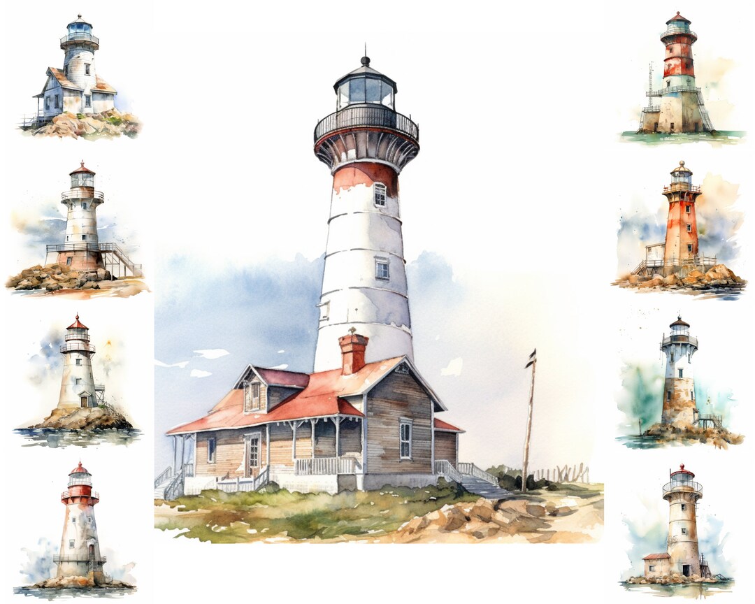 Watercolor Lighthouse Clipart - 12 High Quality Pngs - Digital Download ...