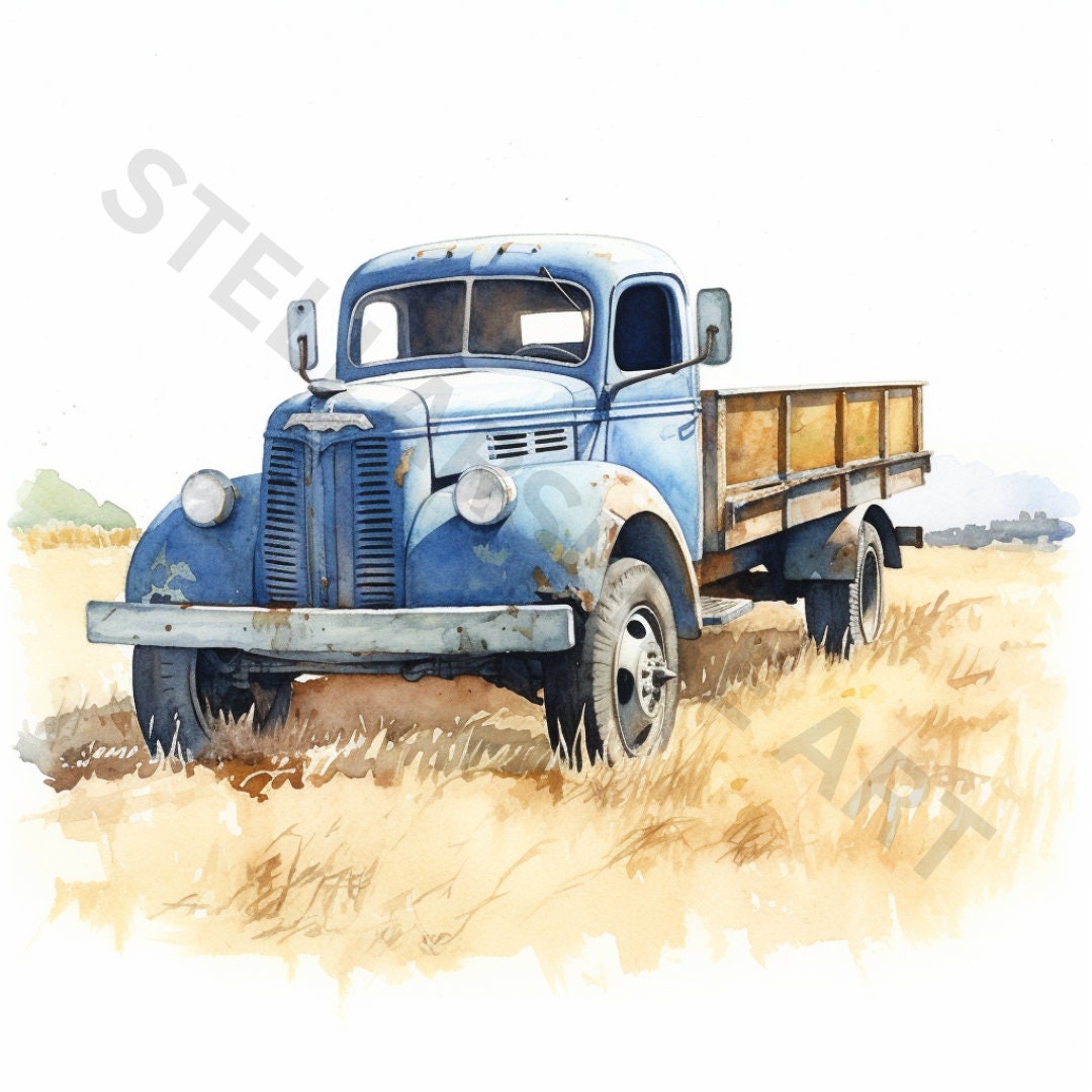 Watercolor Old Blue Farm Truck Clipart - 8 High Quality Pngs - Digital ...