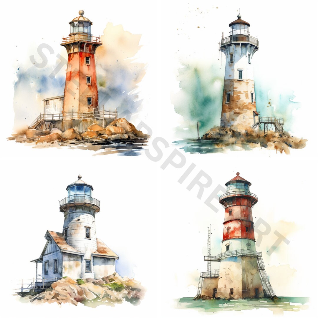 Watercolor Lighthouse Clipart - 12 High Quality Pngs - Digital Download ...
