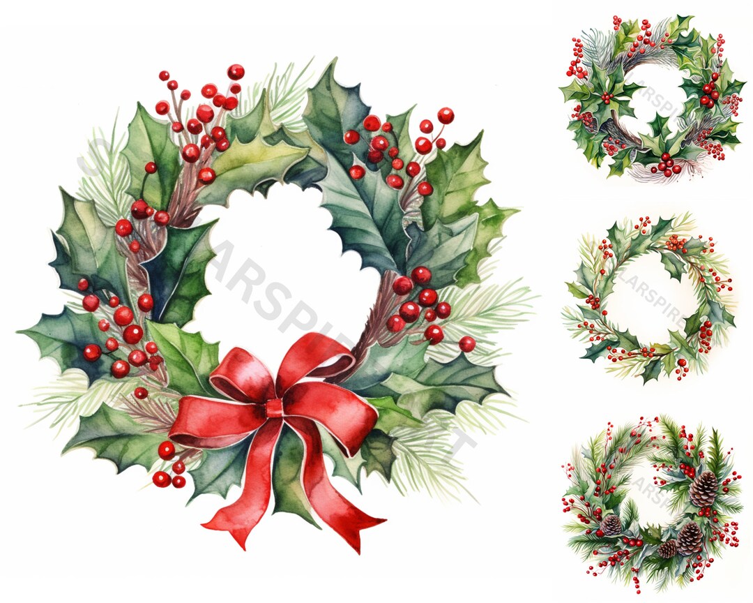 Watercolor Christmas Wreath Bundle- 8 High Quality Pngs - Digital ...