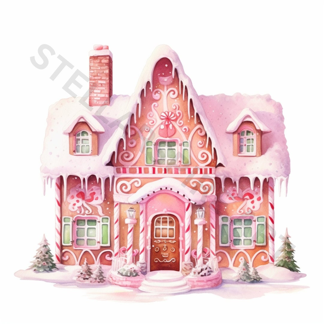 Watercolor Pink Christmas Gingerbread House Clipart - 8 High Quality ...