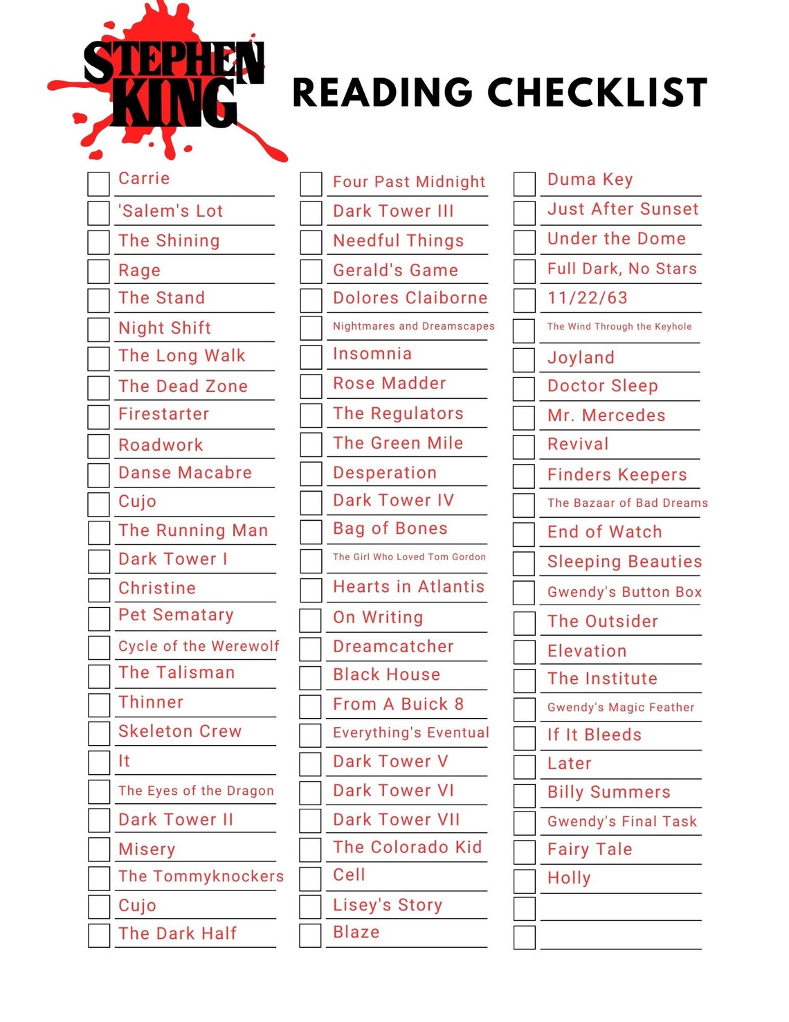 Stephen King Reading Checklist | DIGITAL DOWNLOAD - Etsy