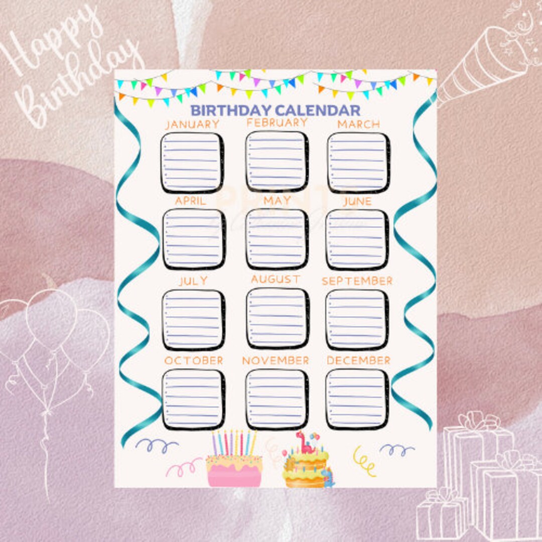 Birthday Date Calendar Planner Digital Print, Birthday Organization ...