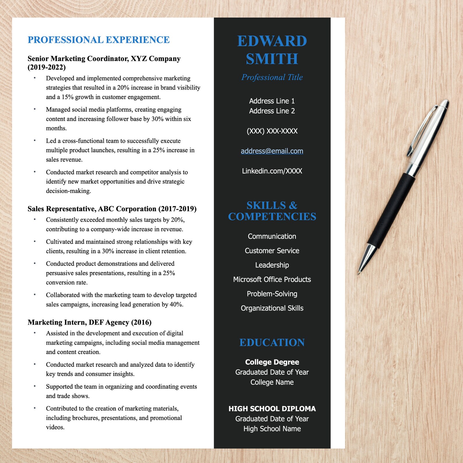 Professional Resume Template - Basic Design, Black Sidebar ...