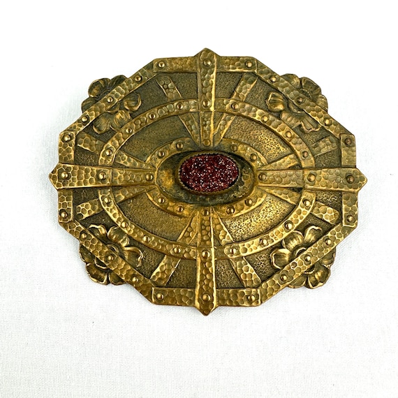 Vintage Brass and Goldstone Shield Brooch - Gem