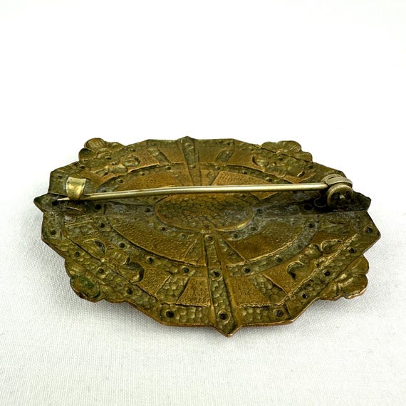 Vintage Brass and Goldstone Shield Brooch - Gem