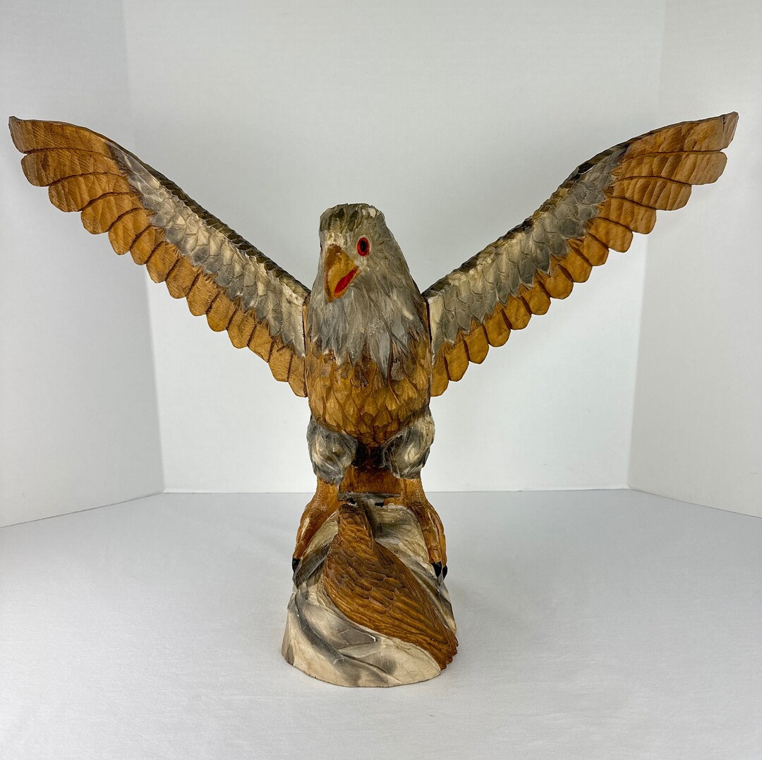 Large Hand Carved Folk Art Eagle and Eaglet - Etsy