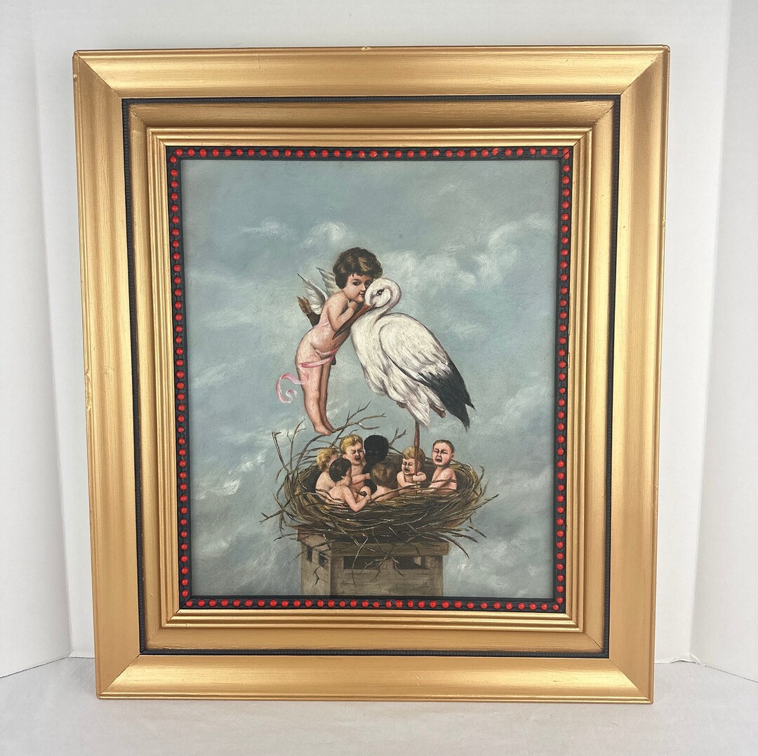 Vintage Folk Art Painting of an Angel With Stork and Babies - Etsy
