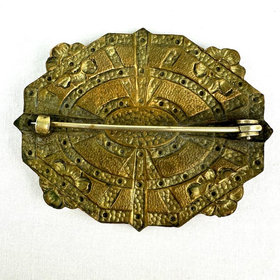 Vintage Brass and Goldstone Shield Brooch - Gem