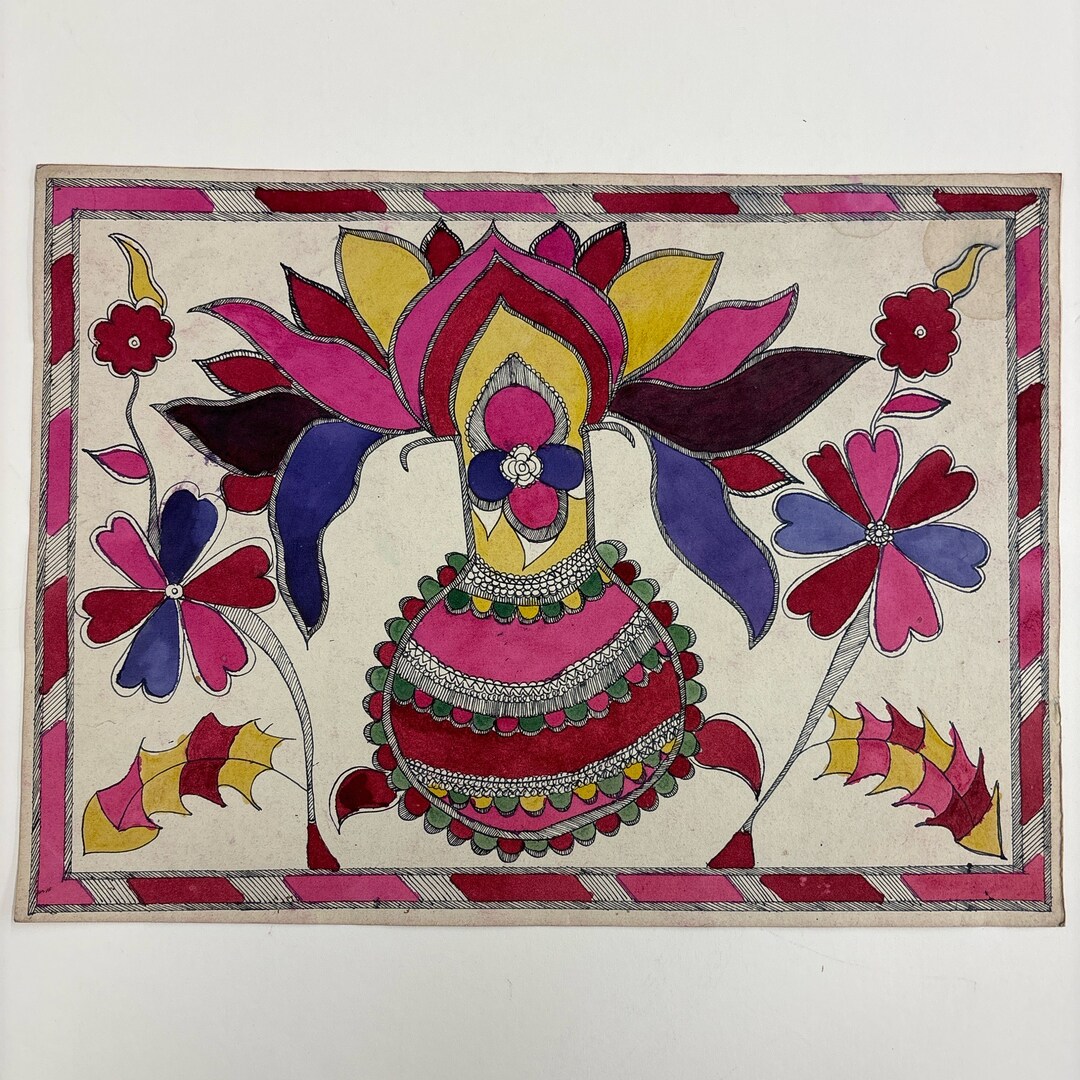 Vintage Madhubani Folk Art Painting of Flowers - Etsy