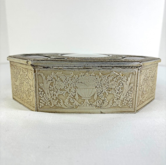 Vintage Metal Repousse Jewelry Box with Painting - Gem