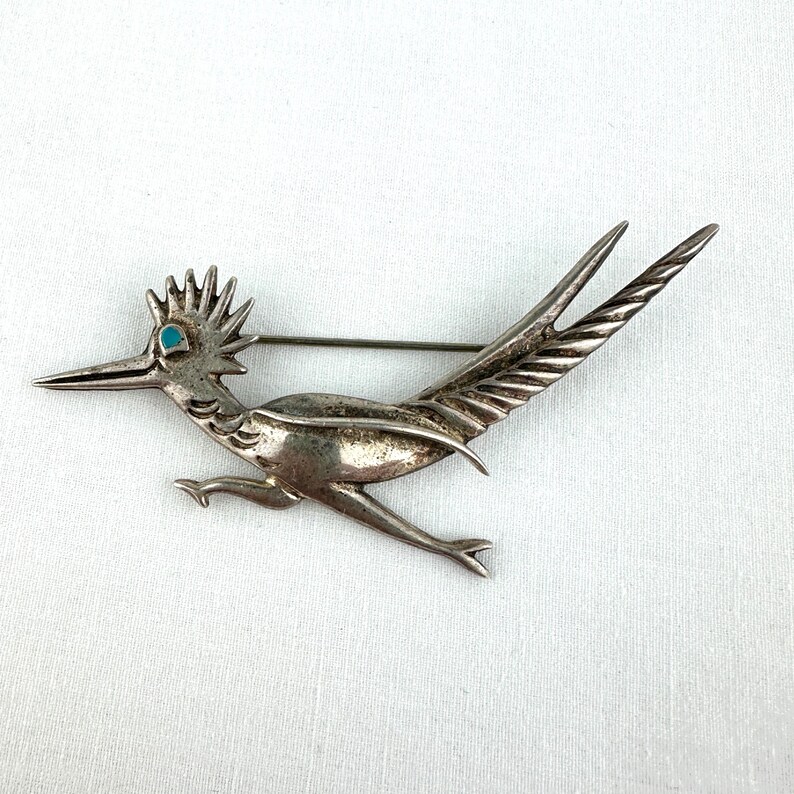 Sterling Silver Roadrunner Brooch With Turquoise Eye - Etsy