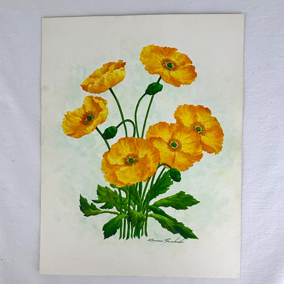 Vintage Pochoir Watercolor Painting of Golden Poppies by Louise ...