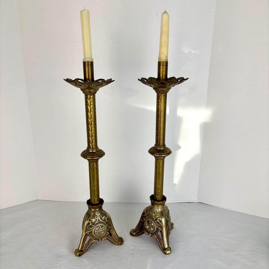 Pair of Antique Italian Brass Paschal Altar Candlesticks - Etsy