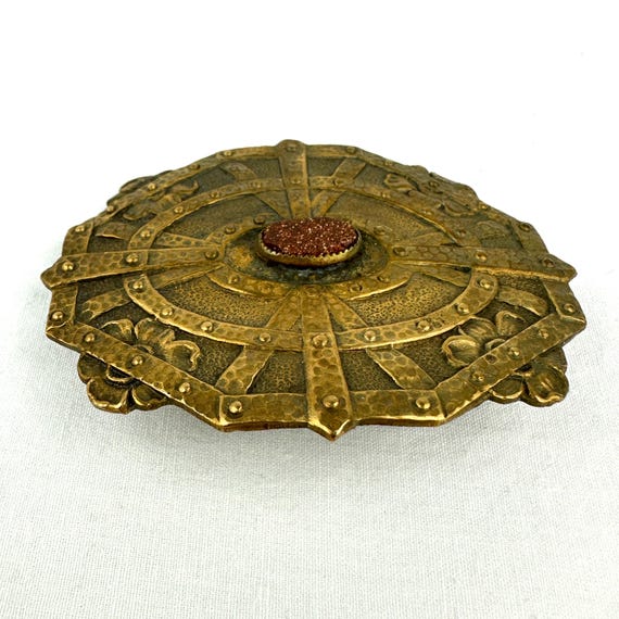 Vintage Brass and Goldstone Shield Brooch - Gem