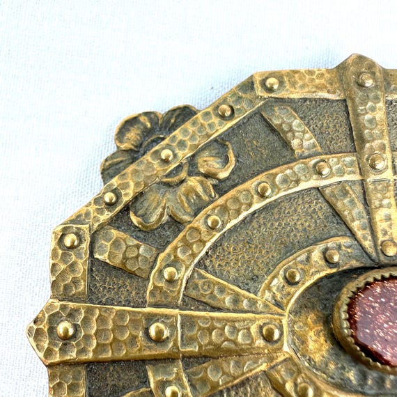 Vintage Brass and Goldstone Shield Brooch - Gem
