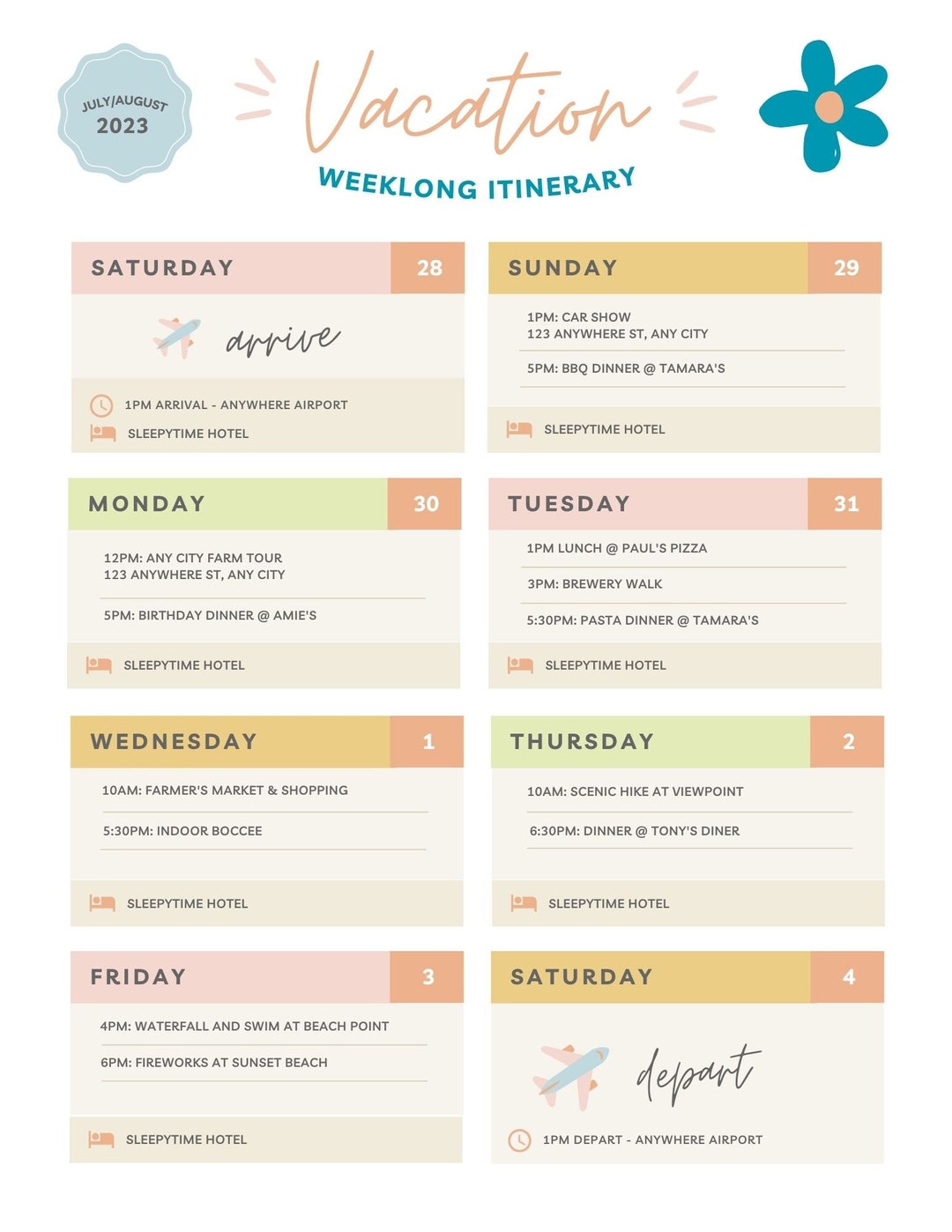 7 Day Vacation Itinerary Printable, Instant Download, Minimal Vacation ...