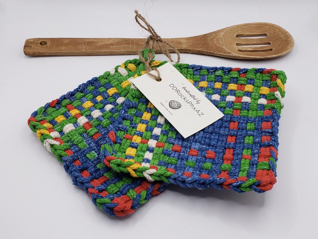 Potholders Handcrafted Loom Woven Cotton, Set of 2, Hot Pads, Coasters ...