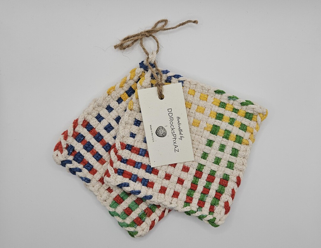 Potholders Handcrafted Loom Woven Cotton Set of 2 Hot Pads Coasters ...