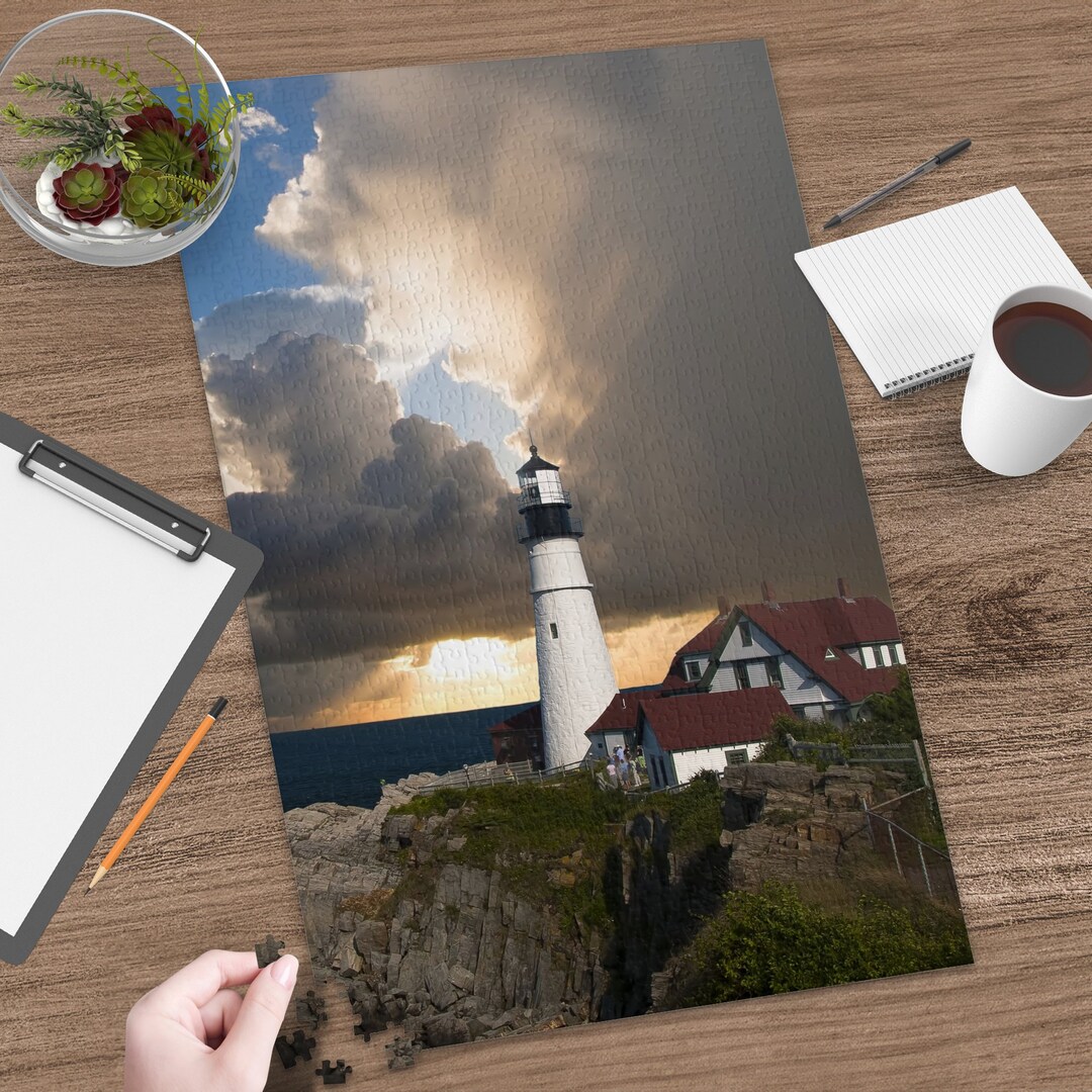 Majestic Lighthouse Puzzle - Coastal Landscape, Sunset Rays and Stormy ...