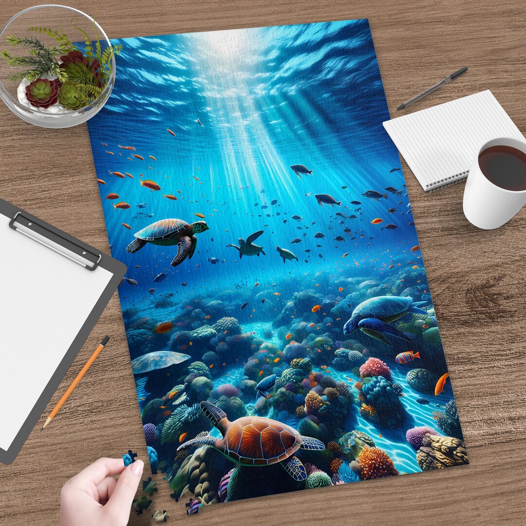 Underwater Ocean Scene Puzzle, Sea Turtle and Coral Reef, Jigsaw Game ...