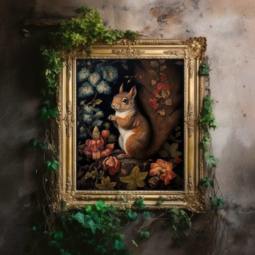Squirrel Dark Cottagecore, Floral Gothic Art, Dark Academia Print, Goth ...