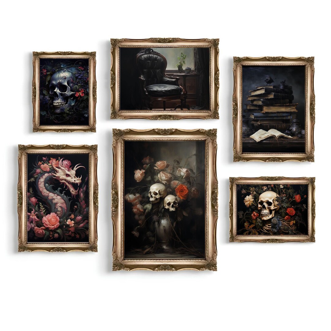 Set of 6 Gothic Prints, Vintage Goth Gallery Wall Set, Floral Skull ...