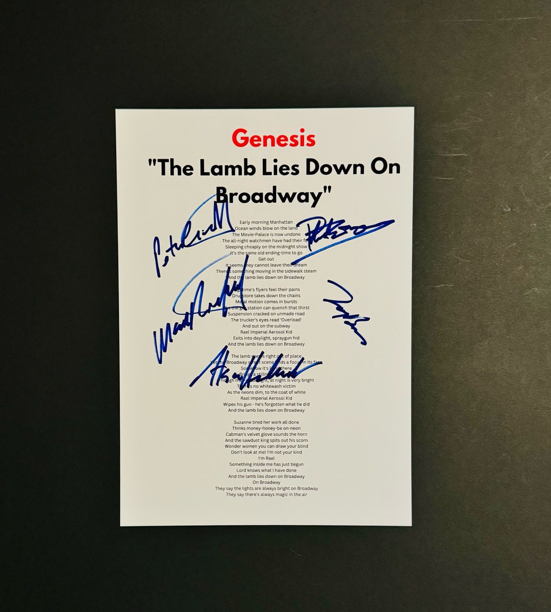 Genesis the Lamb Lies Down on Broadway A4 Autographed Lyric Sheet - Etsy