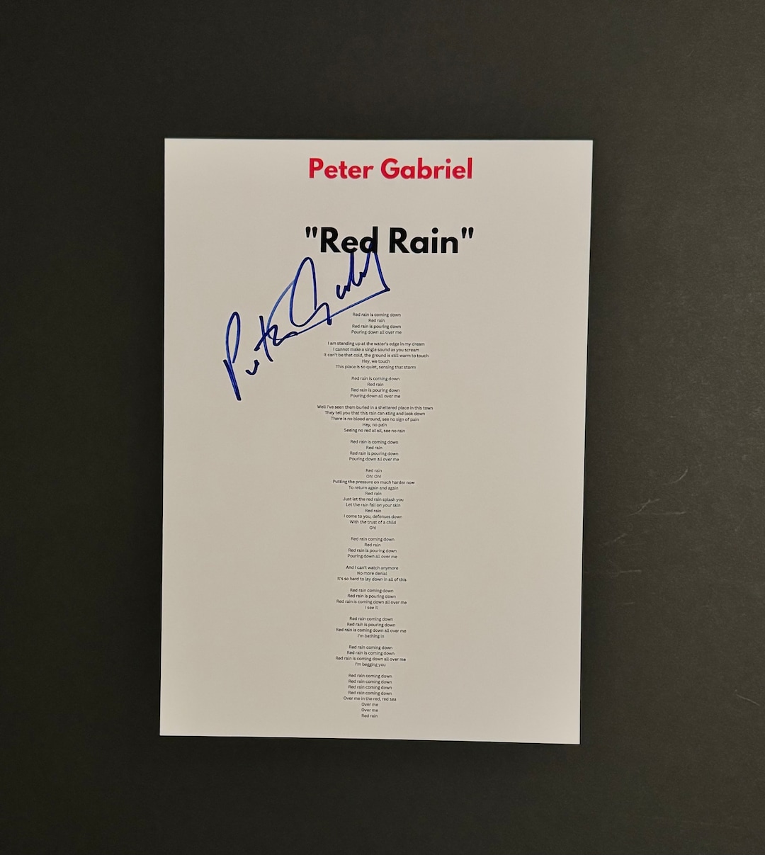 Peter Gabriel Red Rain A4 Autographed Lyric Sheet - Etsy