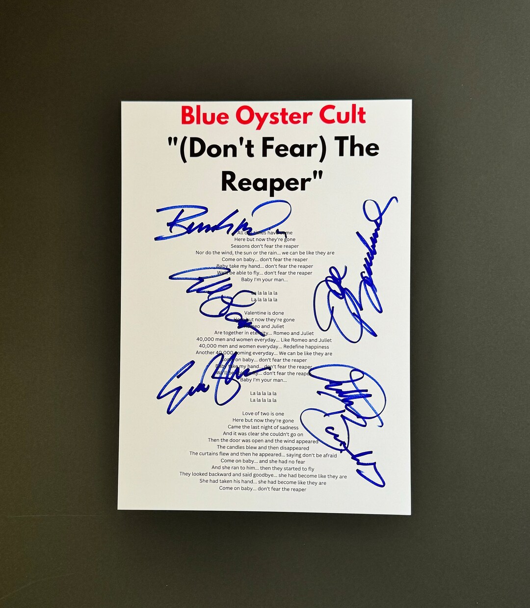 Blue Oyster Cult (don't Fear) the Reaper A4 Autographed Lyric Sheet ...