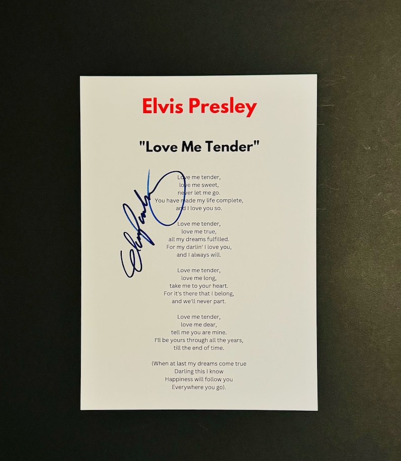 Elvis Presley Love Me Tender A4 Autographed Lyric Sheet - Etsy