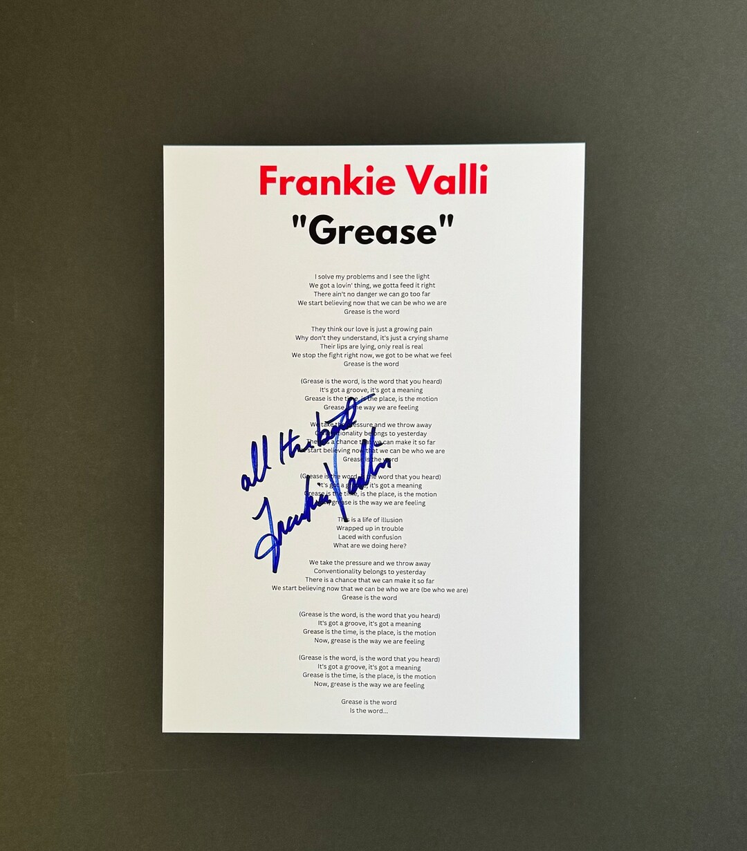 Frankie Valli Grease A4 Autographed Lyric Sheet - Etsy