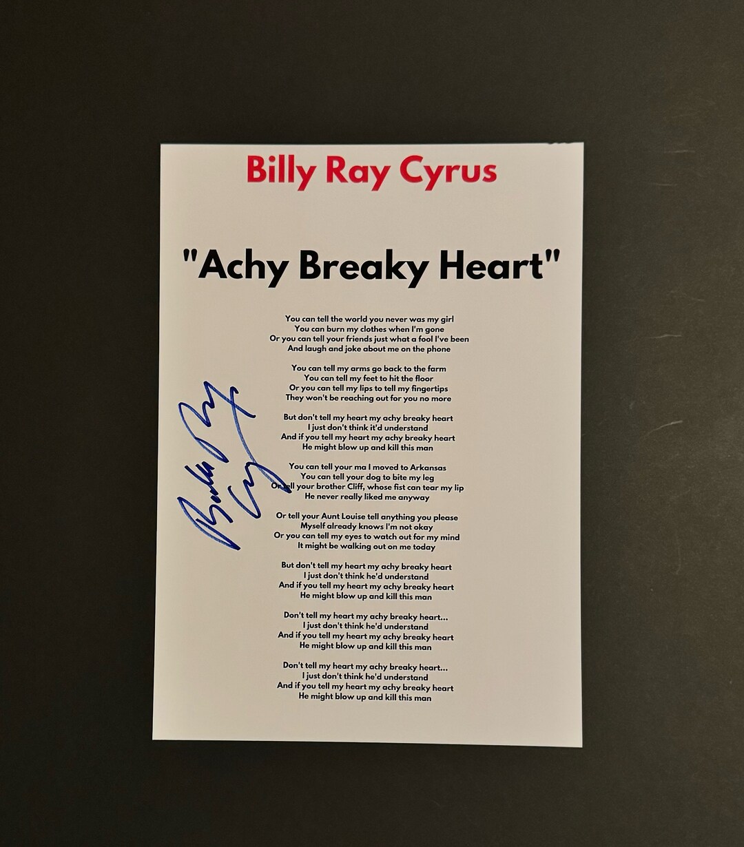 Billy Ray Cyrus Achy Breaky Heart A4 Autographed Lyric Sheet - Etsy