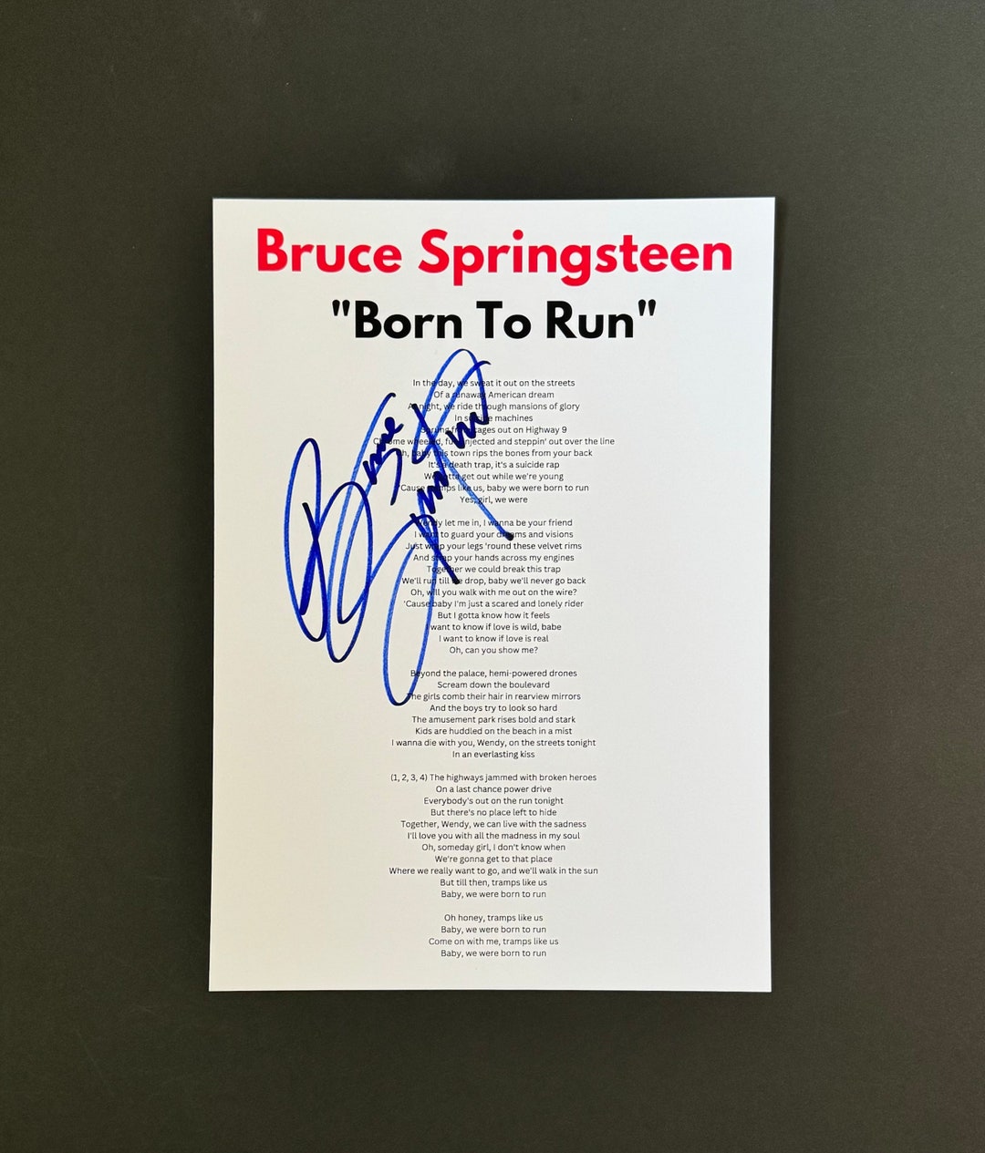 Bruce Springsteen Born to Run A4 Autographed Lyric Sheet - Etsy
