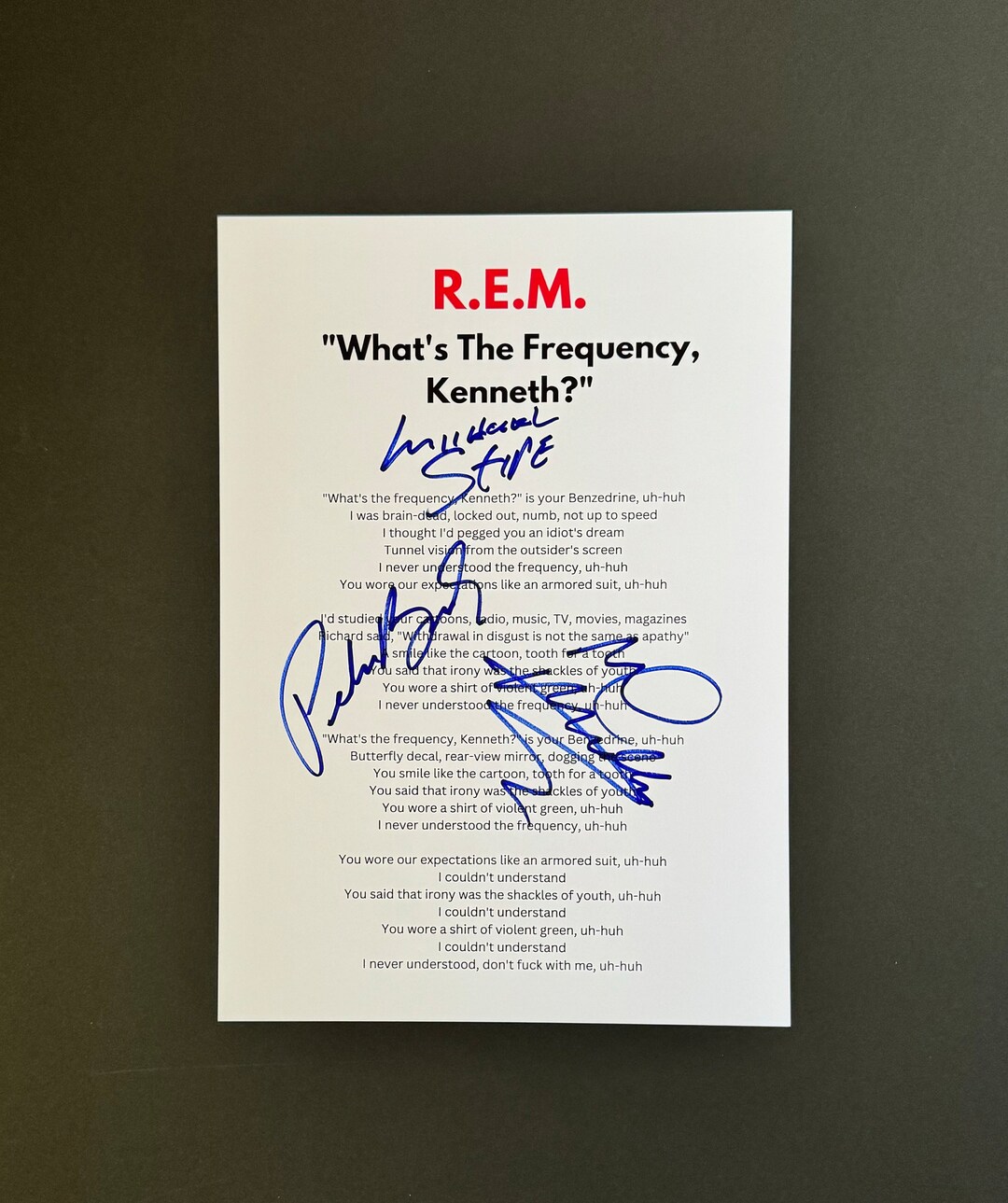 REM What's the Frequency, Kenneth? A4 Autographed Lyric Sheet - Etsy