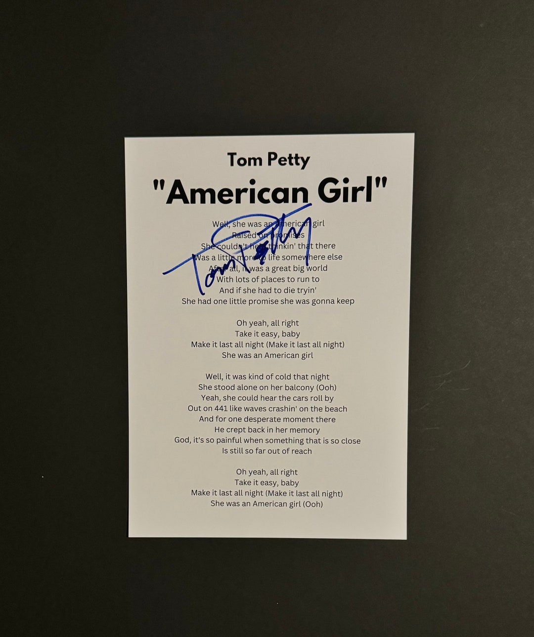 Tom Petty American Girl A4 Autographed Lyric Sheet - Etsy
