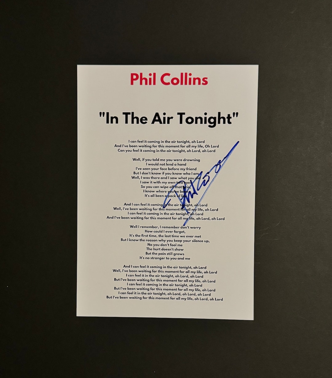 Phil Collins in the Air Tonight A4 Autographed Lyric Sheet - Etsy