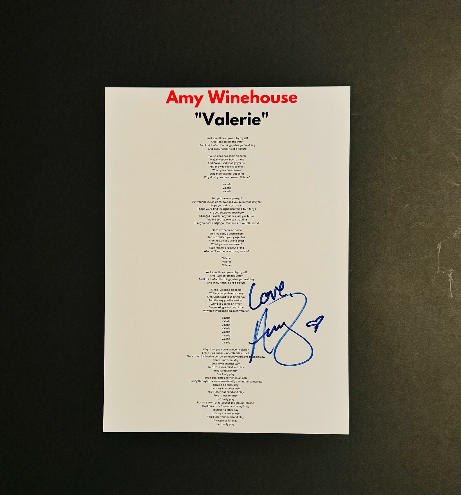 Amy Winehouse Valerie A4 Autographed Lyric Sheet - Etsy