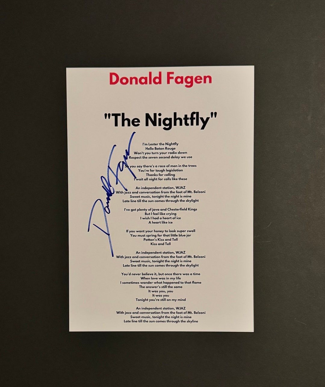 Donald Fagen the Nightfly A4 Autographed Lyric Sheet - Etsy