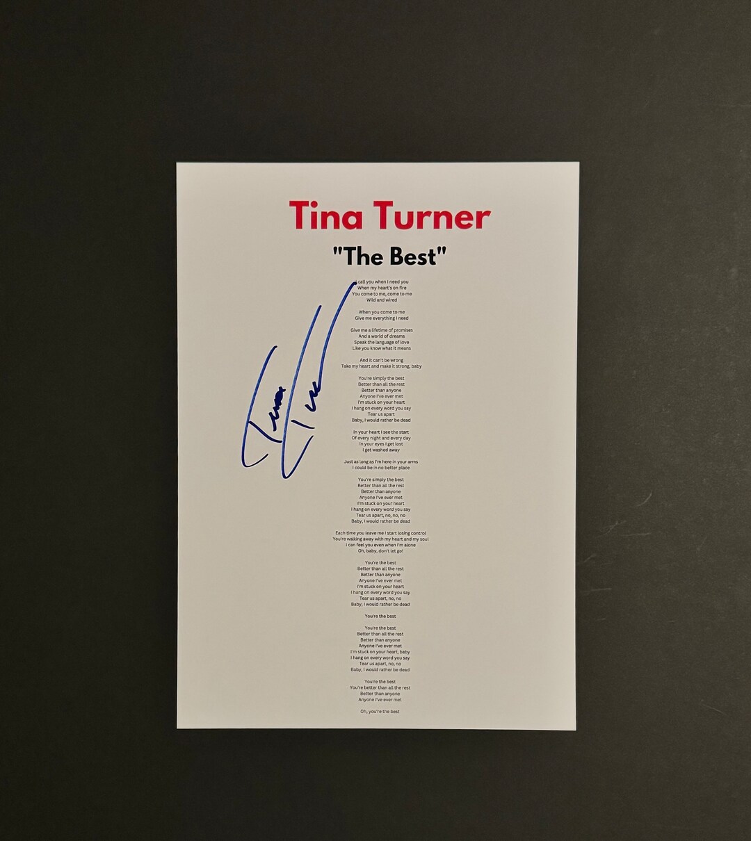 Tina Turner the Best A4 Autographed Lyric Sheet - Etsy