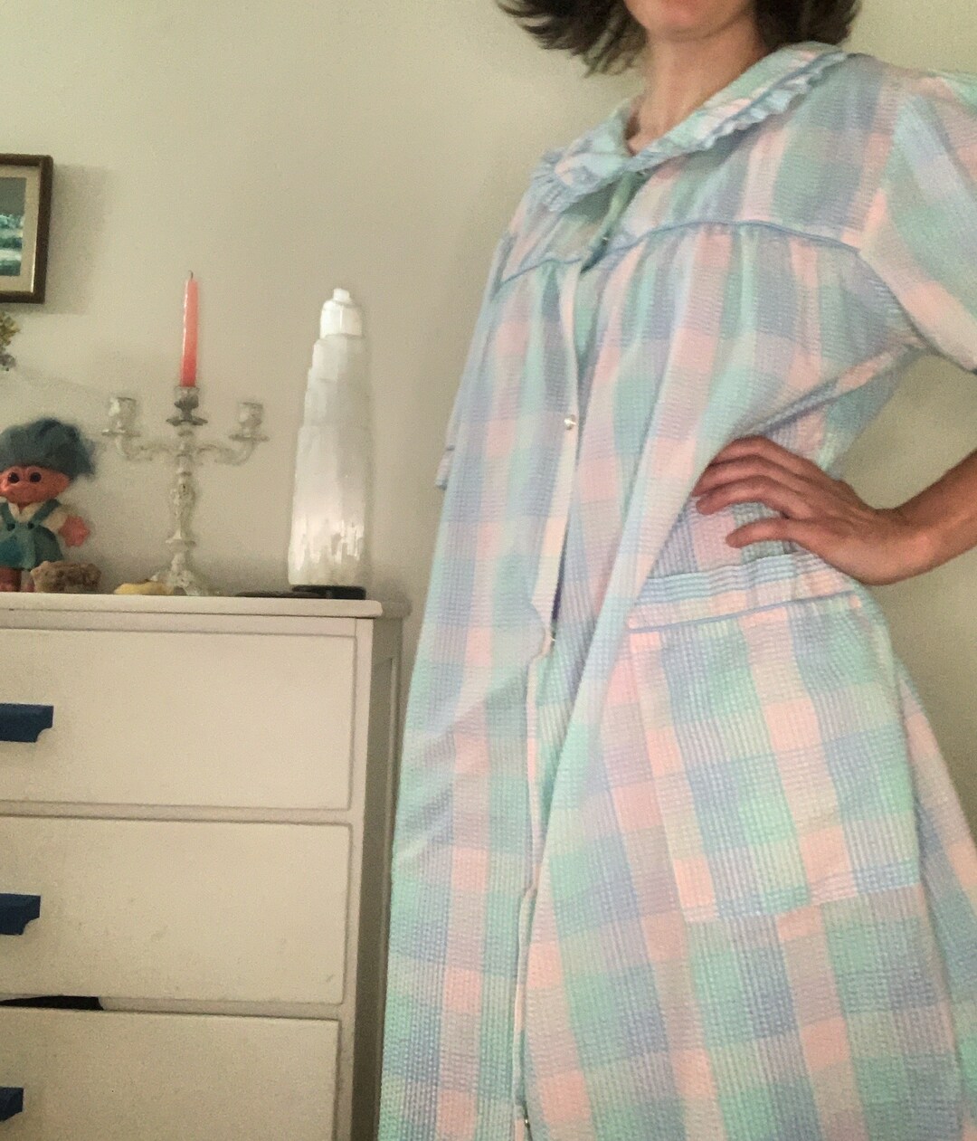 Vintage House Coat, Pastel Check, Button up Nightgown, Large/xl - Etsy