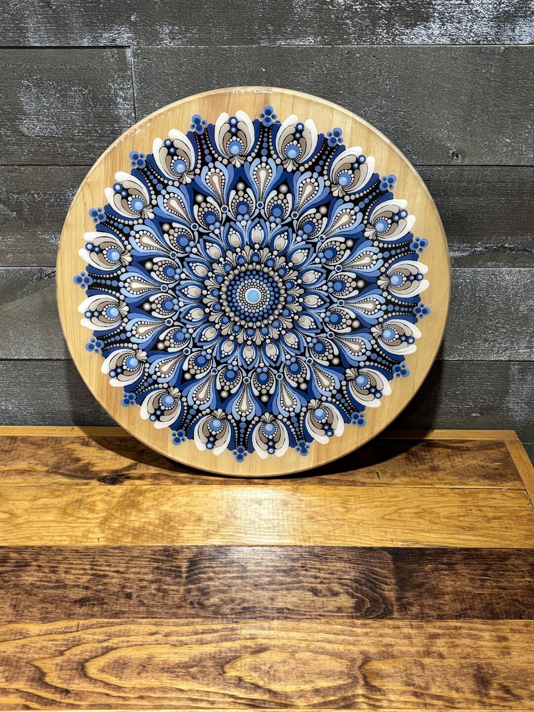 15" Hand-painted Dot Mandala Lazy Susan, Turntable Shades of Blue ...