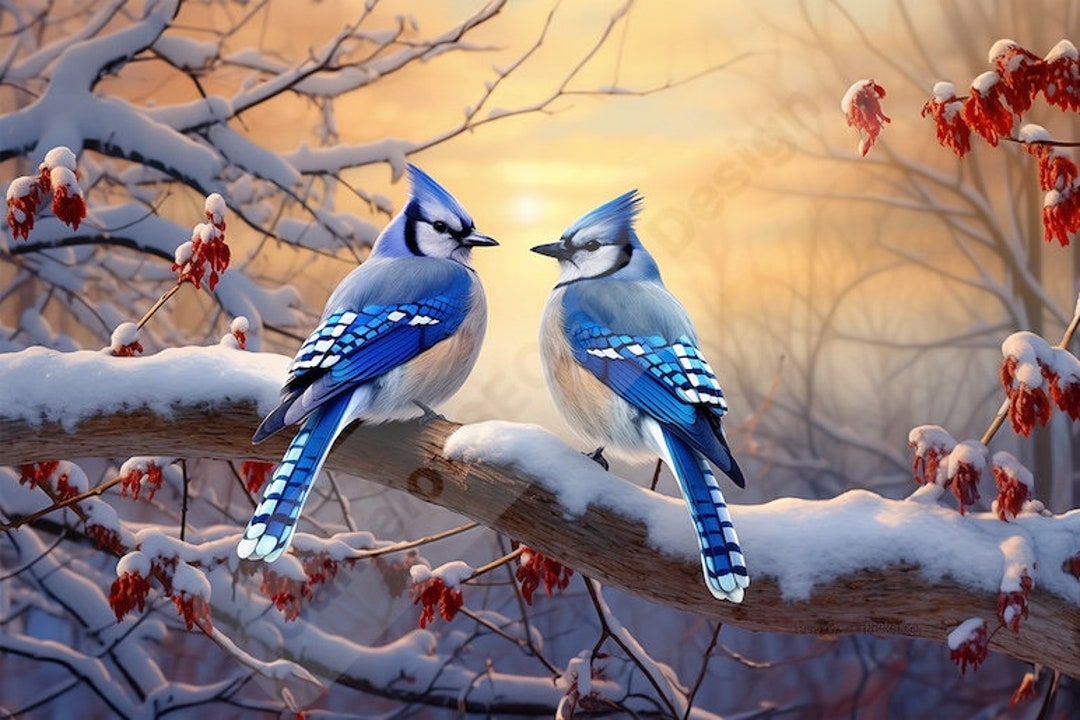 Whimsical Blue Jays Christmas Wall Art, Holiday Nature Decor. Digital ...