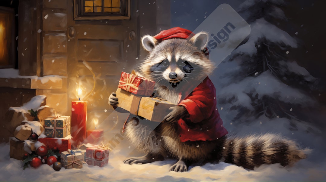 Raccoon Santa Claus Delivers Presents digital Download. Picture of ...