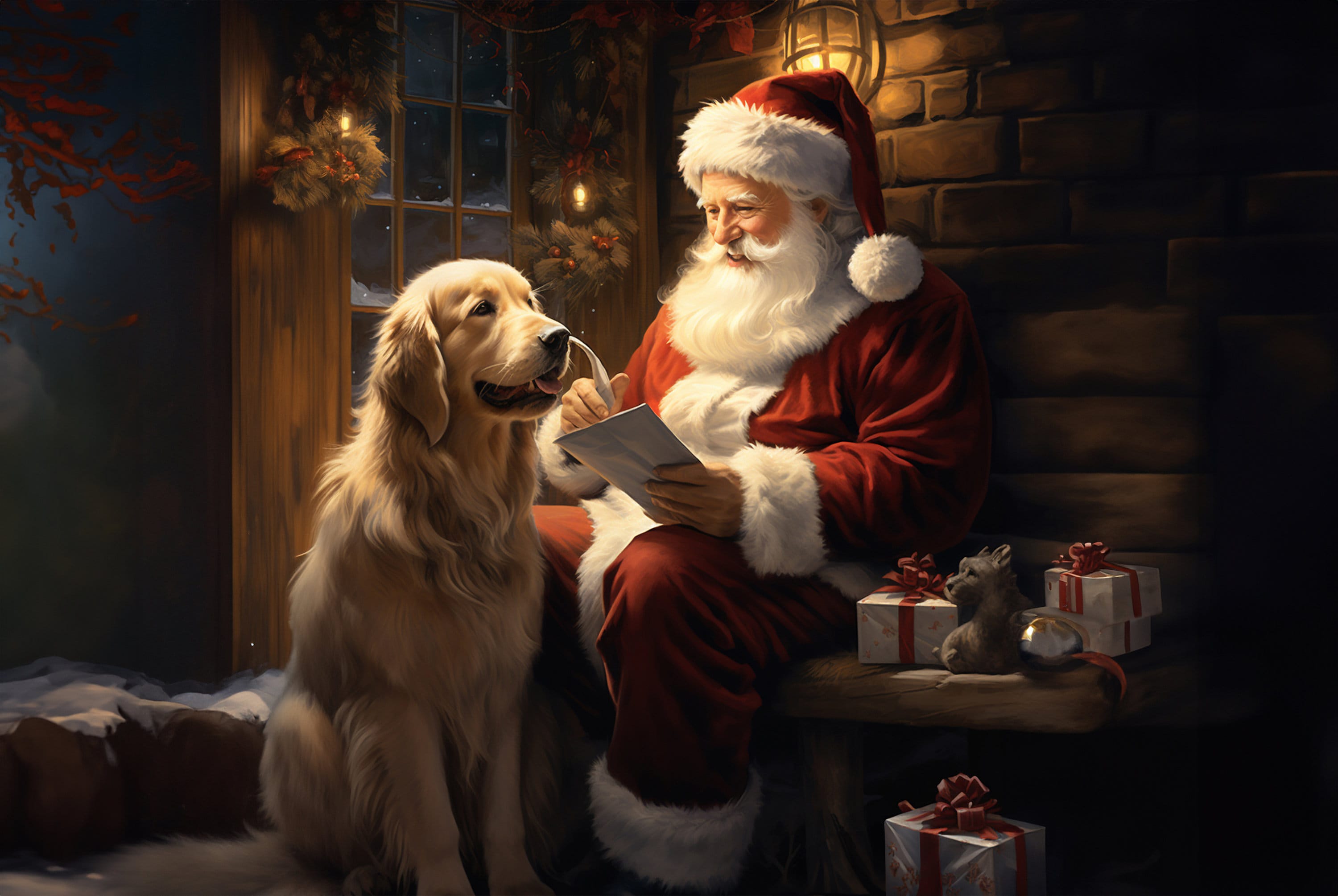 Framed Wall Art of Golden Retriever With Santa Claus. Golden Retriever ...