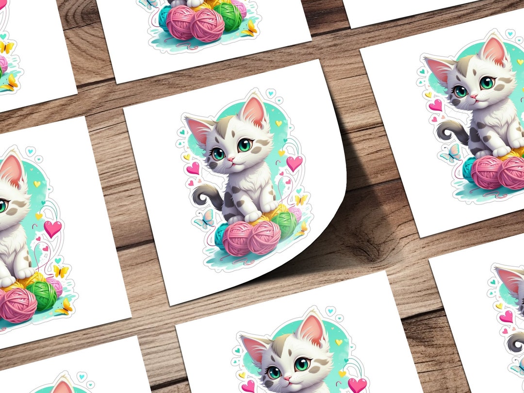 Cute Cat With Yarn Balls Sticker, Adorable Kitten Sticker, Decorative ...