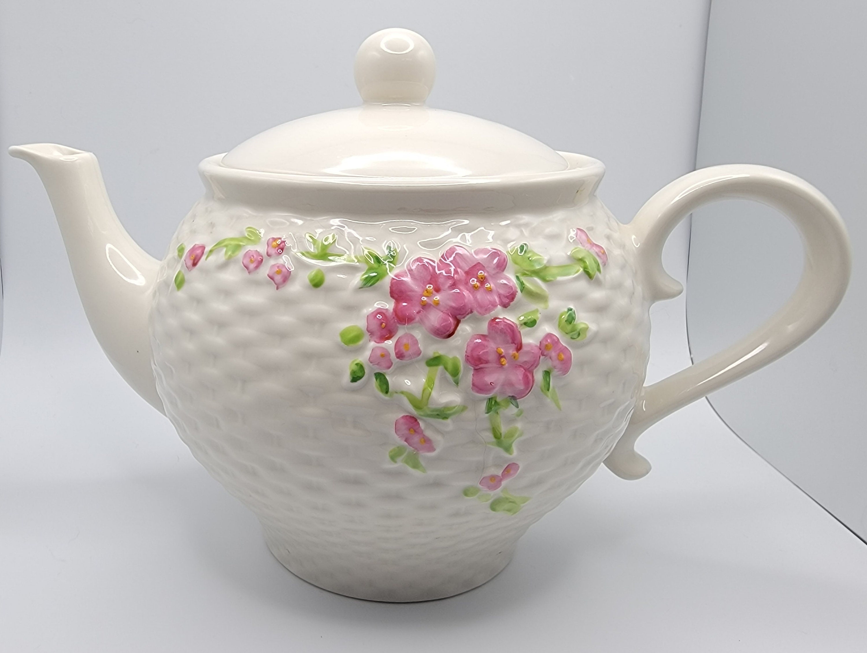 Teleflora Cream Basketweave Teapot With Pink Cherry Blossoms/roses ...