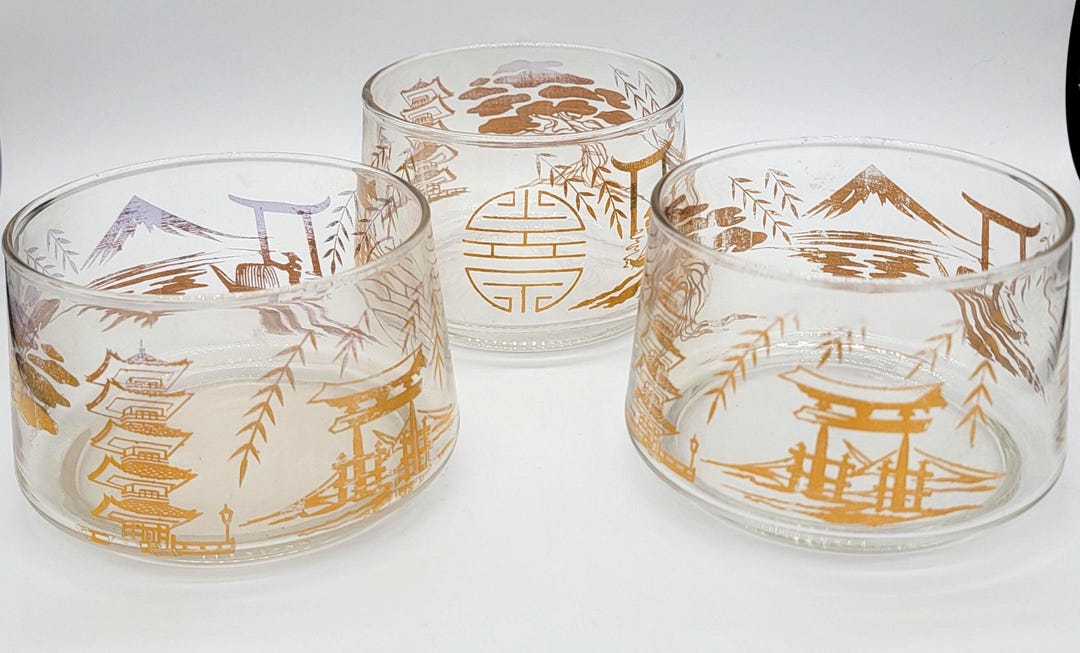 Bartlett Collins Etched Glass Pagoda Stacking Bowls, Set of 3, Vintage ...
