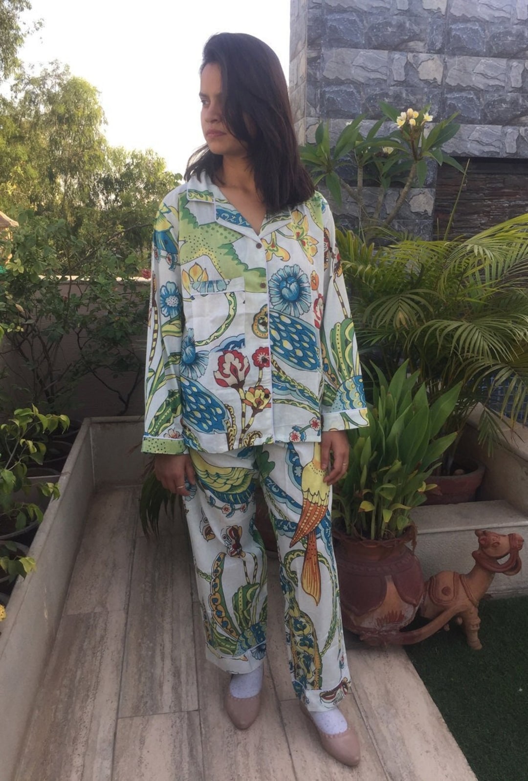 Screen Printed Cotton Pajamas Set, Sleepwear Floral Printed Cotton PJ ...